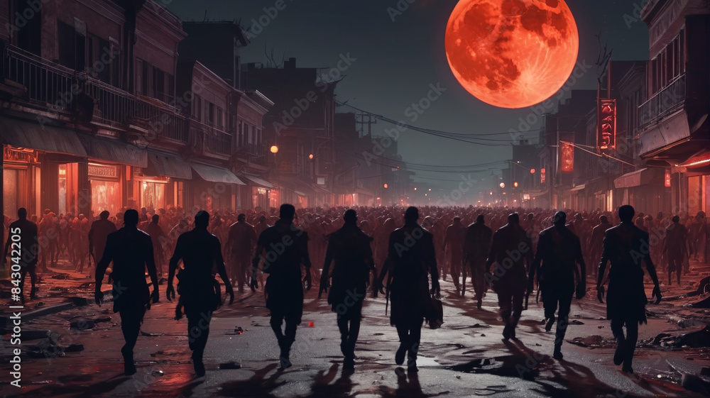 Under a blood-red moon, the horde of ravenous zombies shuffles through ...