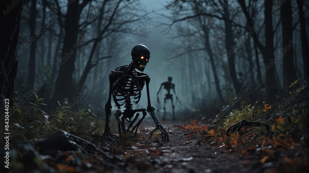 In the haunted forest, the groaning zombies emerge from the shadows ...