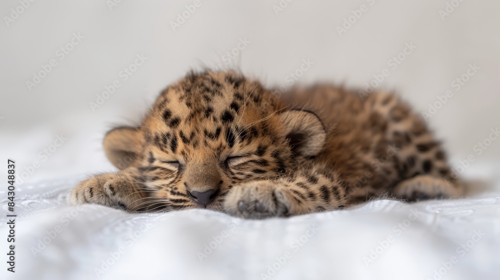 A tight shot of a baby leopard reclining on a bed, its head turned ...
