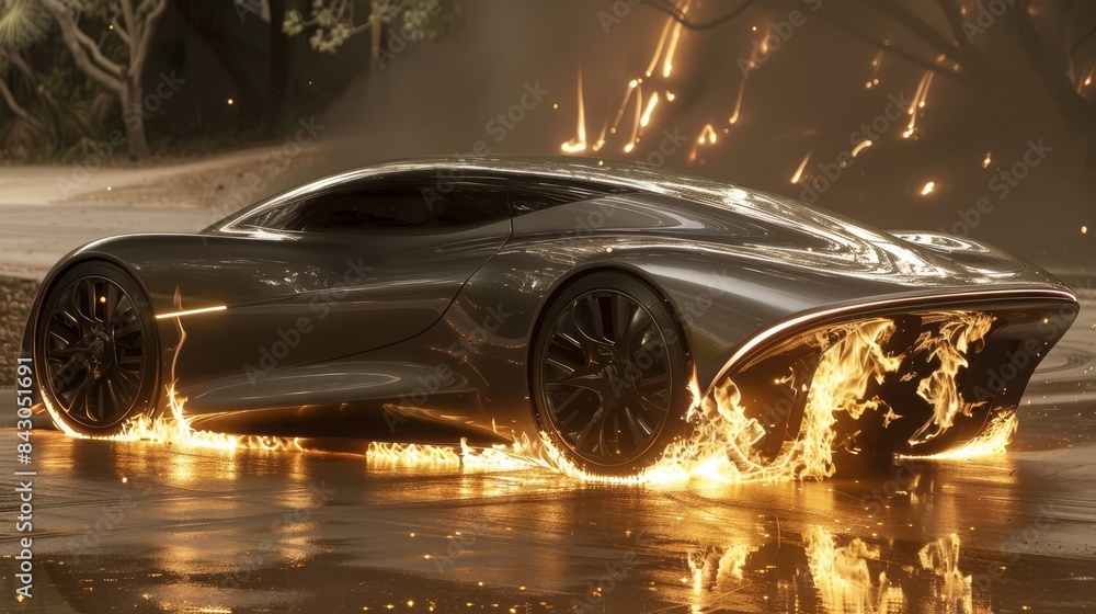 A futuristic car with flames erupting from its rear end and sparks ...