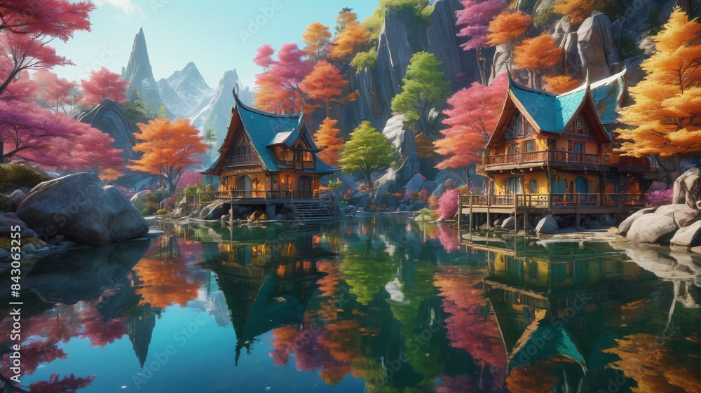 Perched on the edge of a crystal-clear lake, the elf village reflects a ...