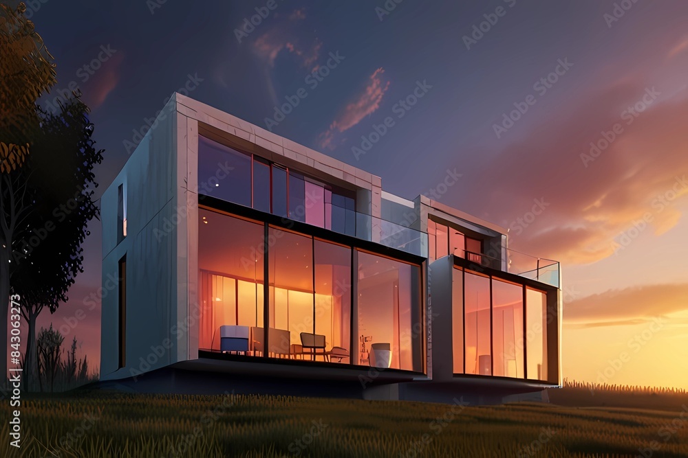 Ð¡oncept of an advanced house. The windows reflect a beautiful sunset ...