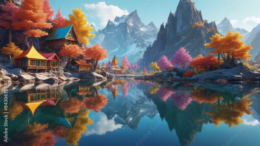 Perched on the edge of a crystal-clear lake, the elf village reflects a ...