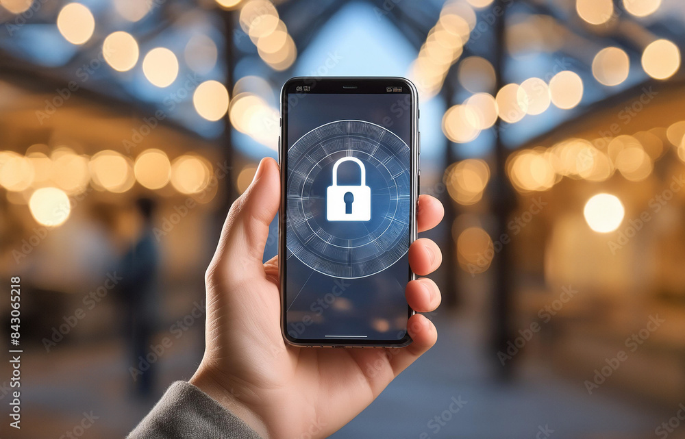 Teléfono móvil bloqueado en la mano con gran candado. Fondo desenfocado ...