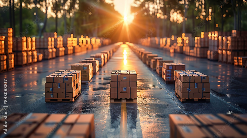 Shipping boxes on pallet racks at a freight logistic center during ...