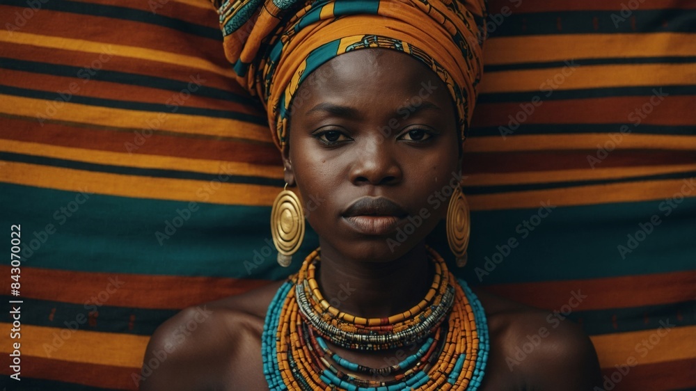 African woman, fabric background with African colors and patterns ...