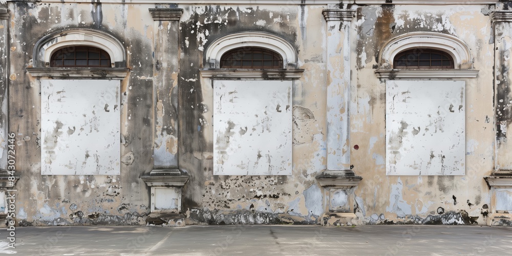 A weathered and deteriorating building facade featuring three sealed ...
