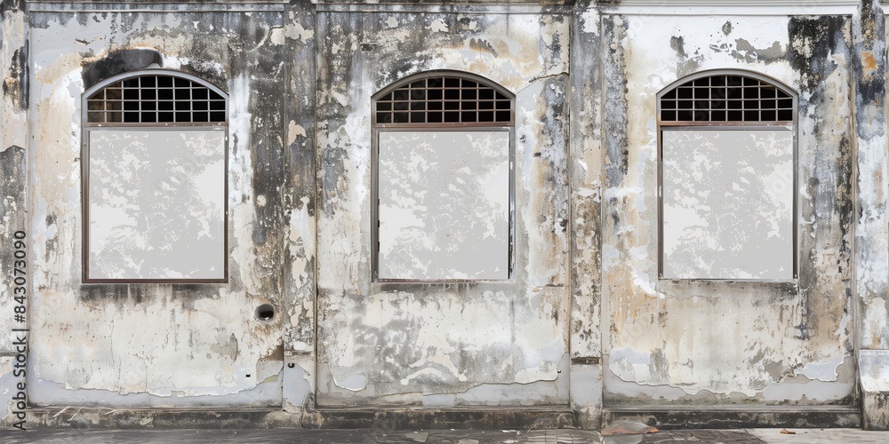 A weathered and deteriorating building facade featuring three sealed ...