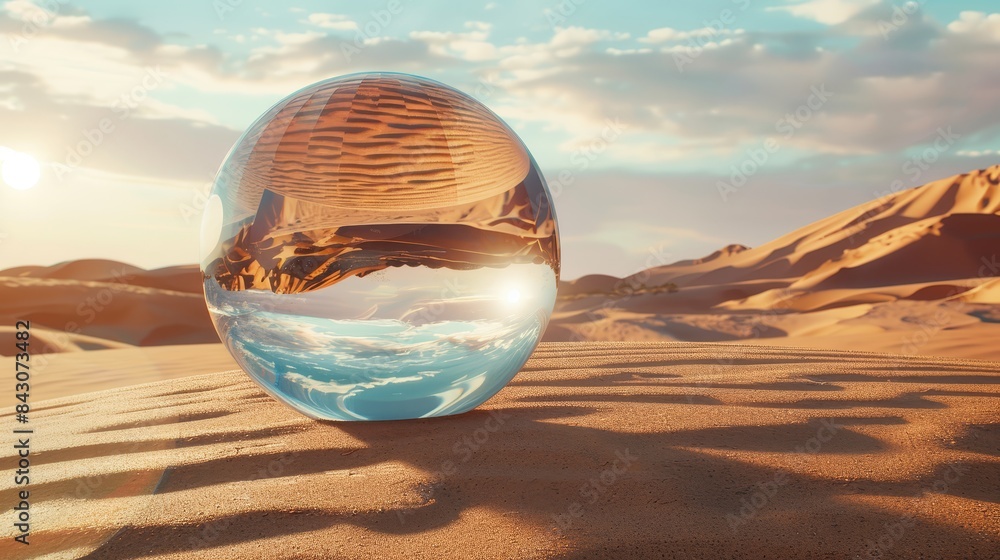 Mirrored sphere in desert sands, creating an illusion of a parallel ...
