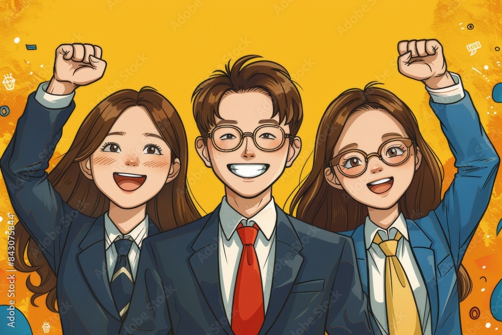 A cartoon illustration of a group of three cheerful colleagues wearing ...