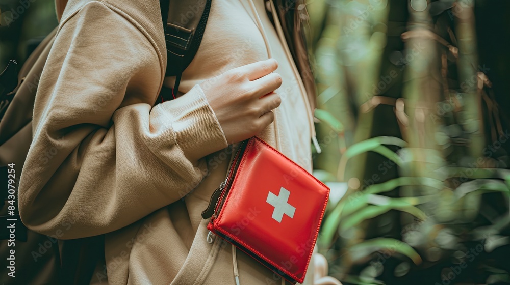 an adult woman's hand holding and showing the red first aid kit case ...