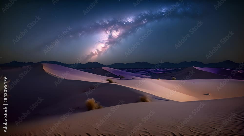 Beautiful desert landscape in cool moonlight at night. The camera flies ...