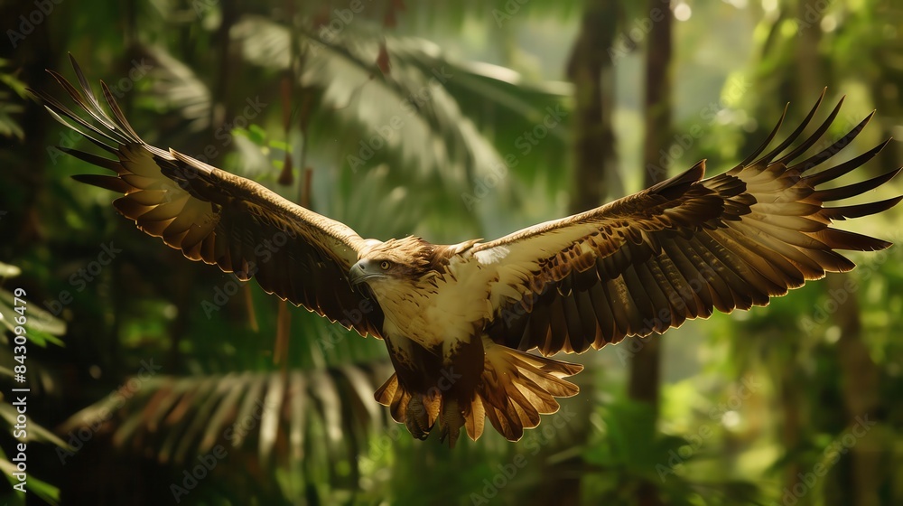 A philippine eagle in flight through a tropical rainforest, its wings ...