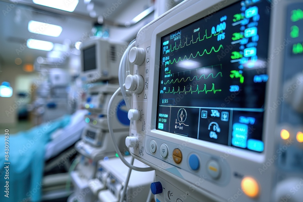 In-focus view of a patient monitor displaying vital signs within a ...