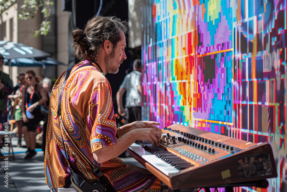 ภาพประกอบสต็อก Digital Harmony: At the heart of the festival, a bard's ...