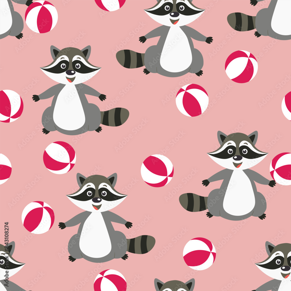 Vector seamless repeating childish pattern with cute raccoon in doodle ...