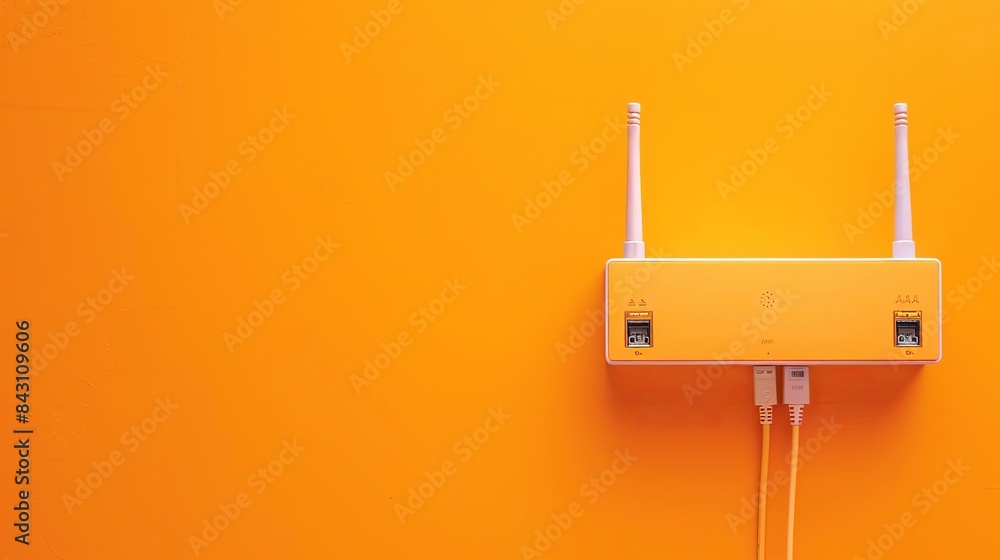 An internet router and internet cable plugs are positioned on a bright ...