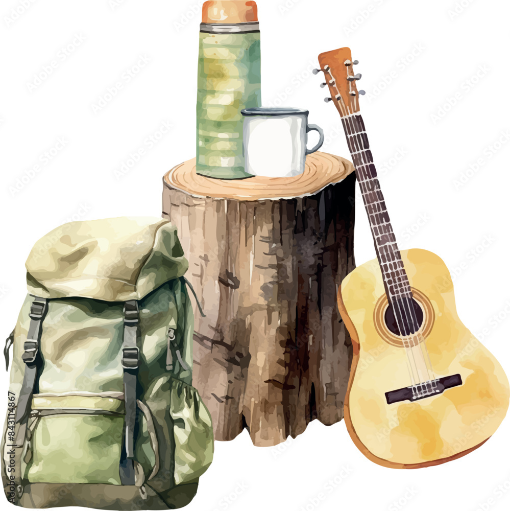 Vector Watercolor camping clipart, hiking, trip composition ...
