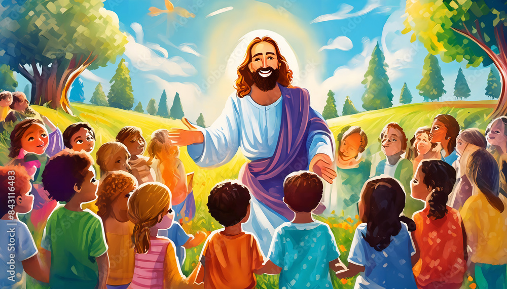 Foto de Jesus Christ speaking, telling a story to a group of children ...