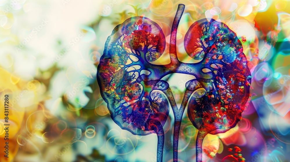Vibrant and colorful close-up of the anatomy of the kidneys,with a ...