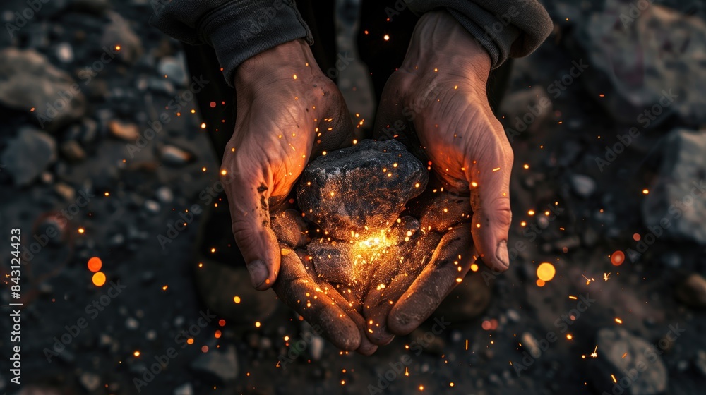Hands holding glowing coal with sparks. Close-up of hands holding coal ...