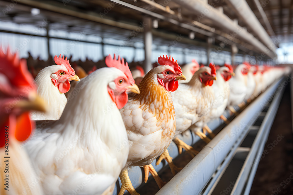 Chicken farm. Egg-laying chicken in cages. Commercial hens poultry ...