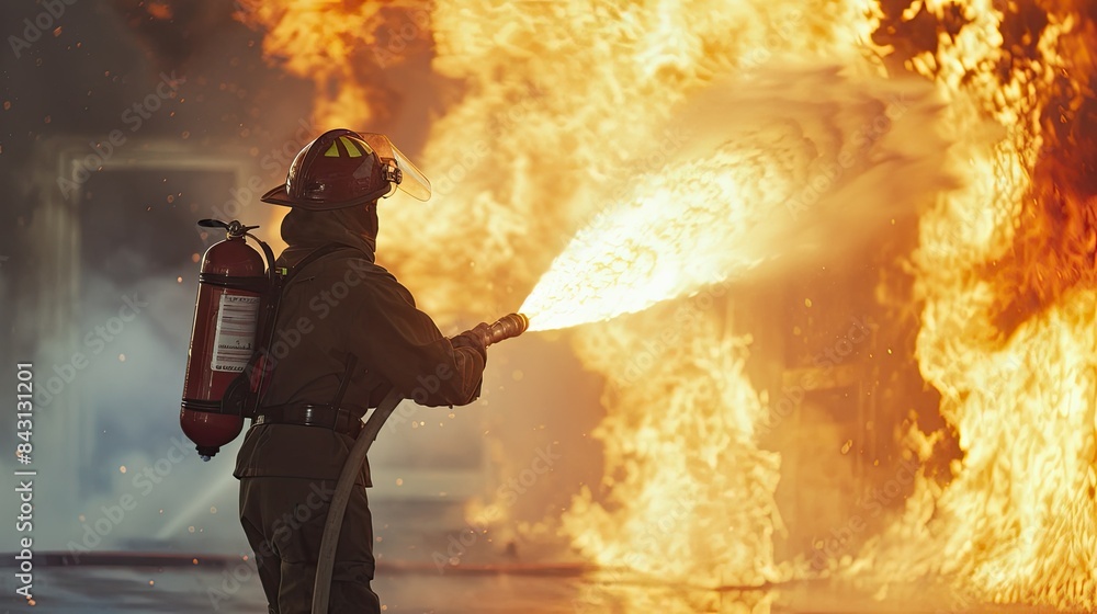 Panoramic firefighters using Twirl water fog type fire extinguisher to ...