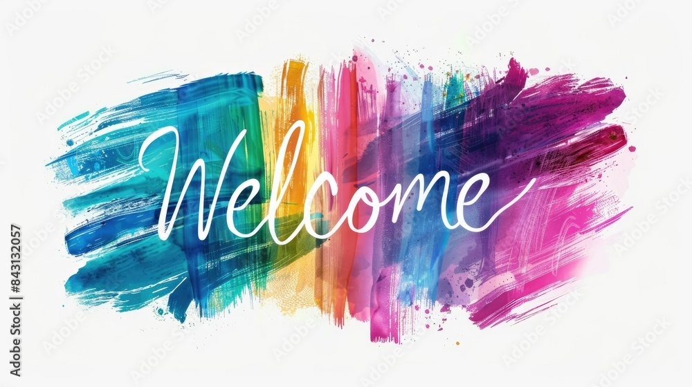 Welcome paper word sign with colorful spectrum paint brush strokes over ...