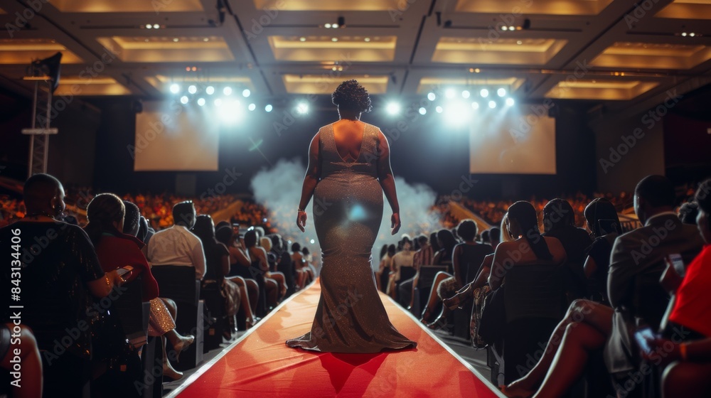 Plus size model at a fashion show or beauty contest. Background with ...