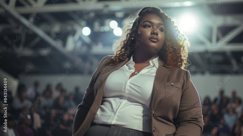 Plus size model at a fashion show or beauty contest. Background with ...