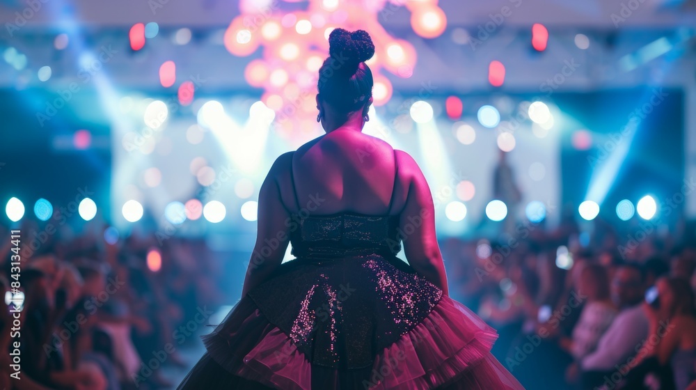 Plus size model at a fashion show or beauty contest. Background with ...