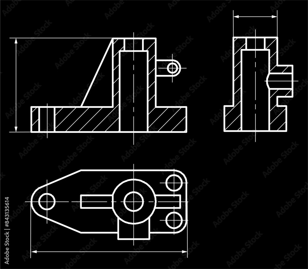 Vector drawing of a steel mechanical part with through holes and ...