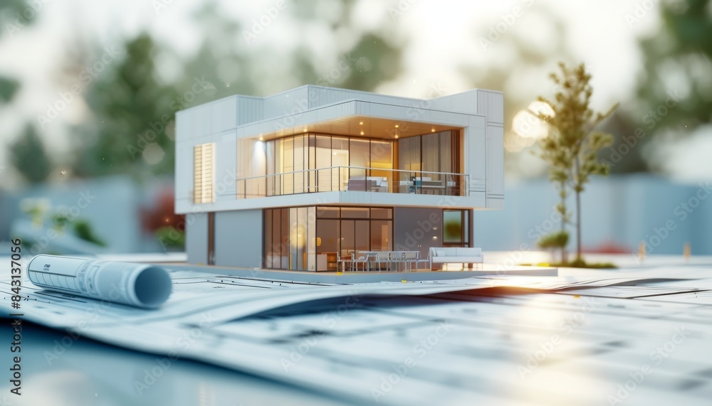 Blueprint of 3D home design. Draft model architecture. Modern ...