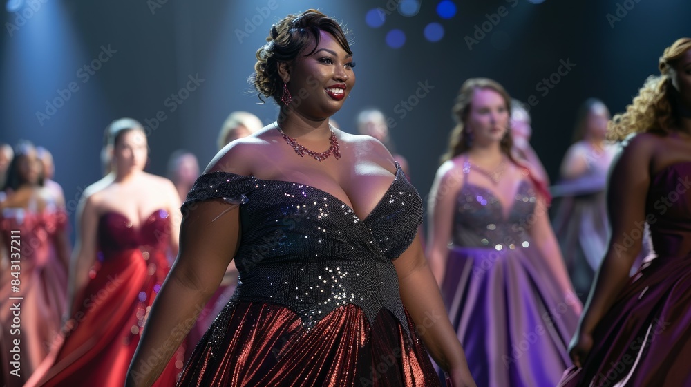 Plus size model at a fashion show or beauty contest. Background with ...