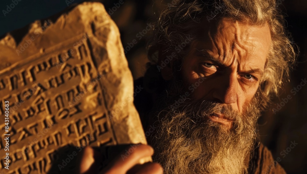 Moses holding the stone tablets with the 10 commandments, Bible story ...