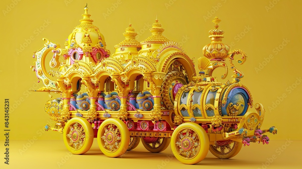 A luxurious 3D model of a golden chariot adorned with intricate ...