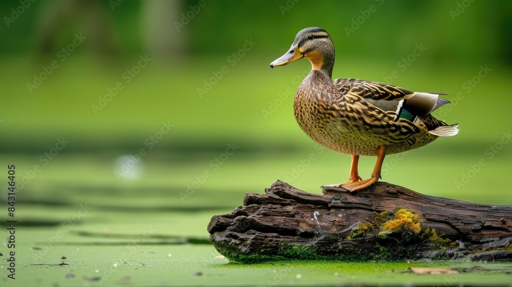 Duck with golden brown feathers balancing on a single leg on a floating ...