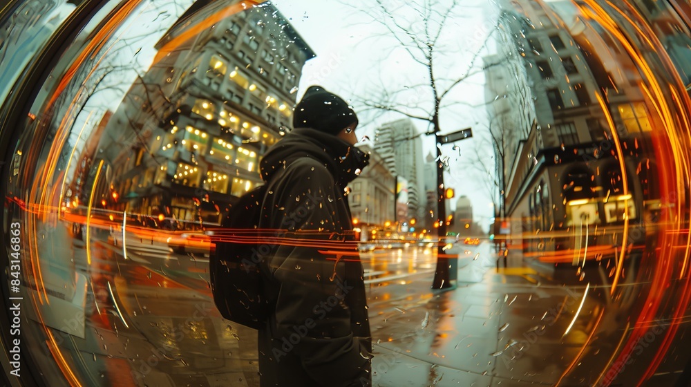 A person stands on a city street at night, captured with a fish-eye ...