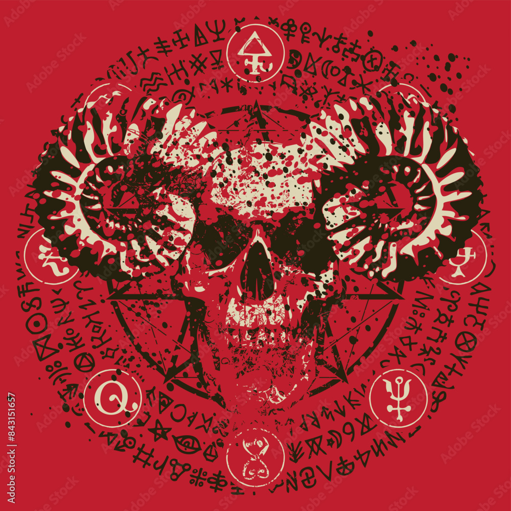 Vector illustration with people skull with horns, blood spots ...