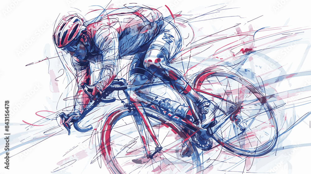 Line drawing of a man riding a bicycle in a competitive race. The ...