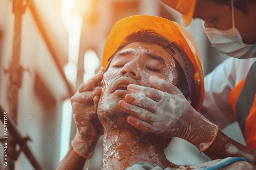 Colleague giving first aid to worker with chemical splashed on his skin ...