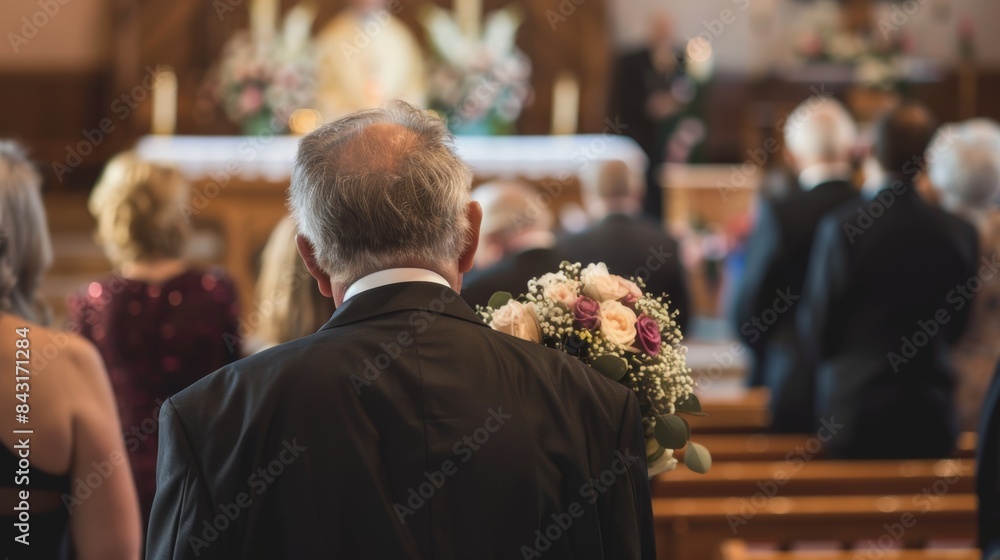 Sad people, funeral coffin, death, mourning, church service, depression ...
