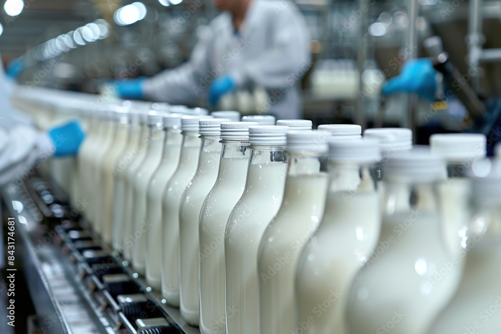 A factory where milk is produced. Milk bottles moving on a line in the ...
