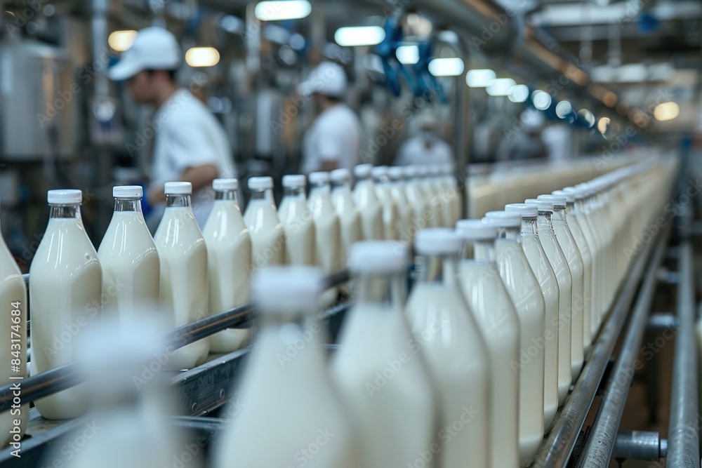 A factory where milk is produced. Milk bottles moving on a line in the ...