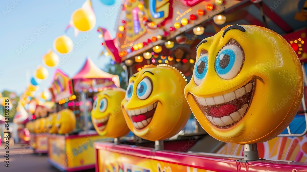 Three happy emoji faces are lined up at a fair. The emojis have big ...