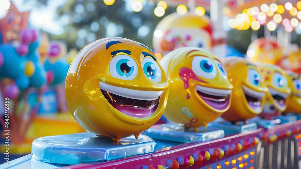 Three happy emoji faces are sitting on a railing at a fair. The emojis ...