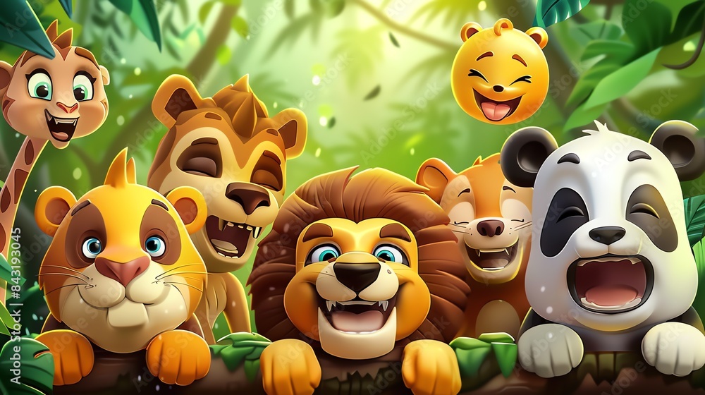 A group of cute and happy animals in the jungle. The animals are a lion ...