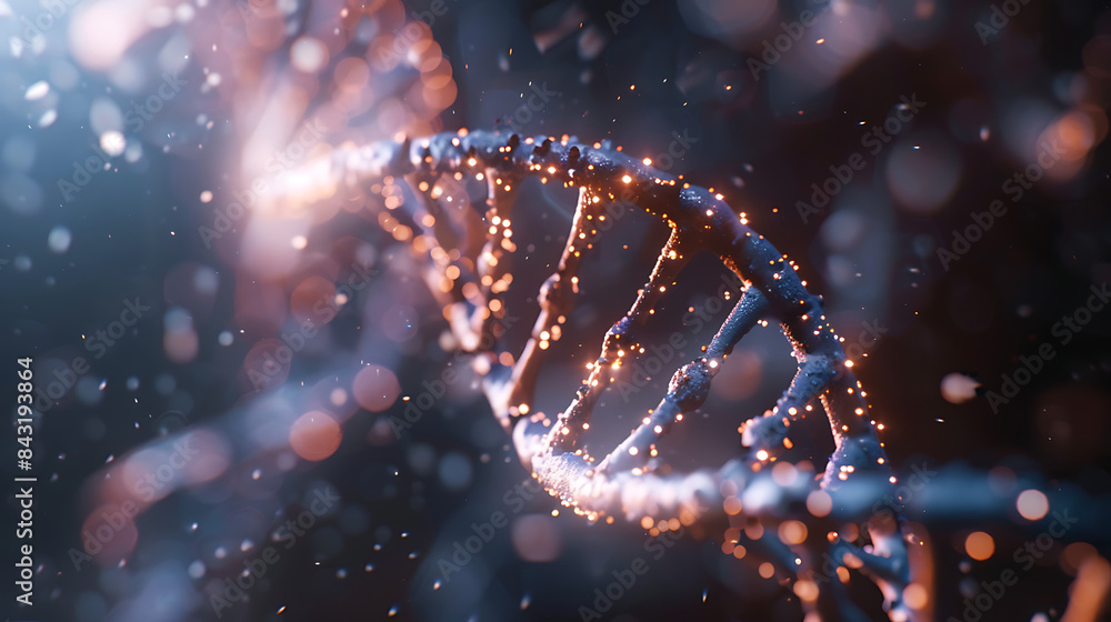 a close-up view of a DNA double helix structure. The twisted ladder ...