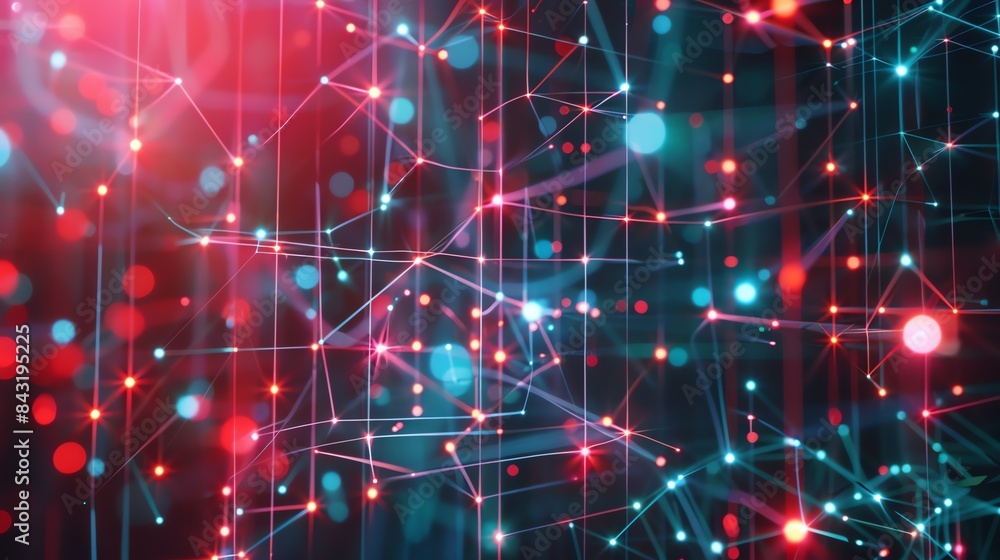 Glowing blue and red neural network on black background. Artificial ...