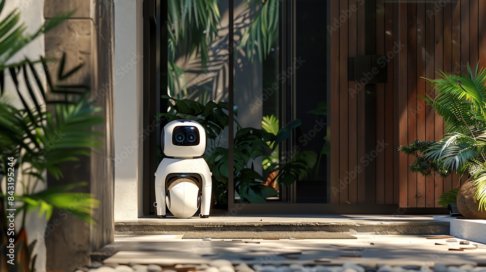 This image shows a cute robot sitting at the front door of a modern ...